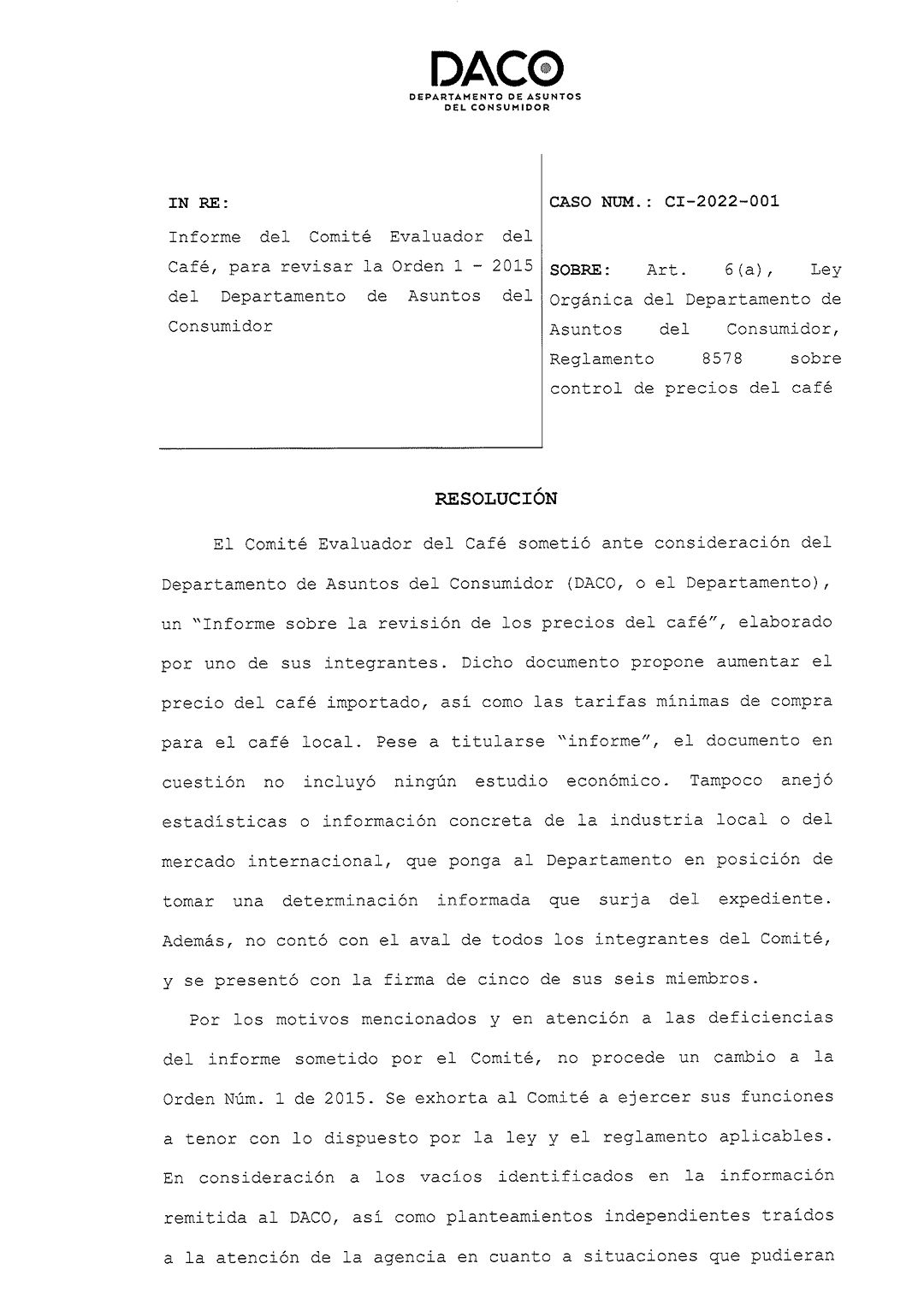 Resolución Informe Comité Café – Caso CI-2022-01 | DACO – Departamento ...
